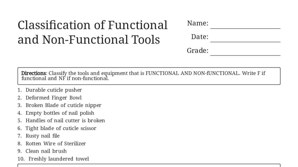Classification of Functional and Non-Functional Tools - My Worksheet ...