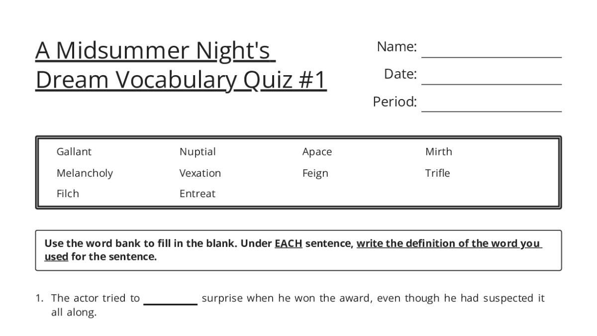 A Midsummer Night's Dream Vocabulary Quiz #1 - My Worksheet Maker ...