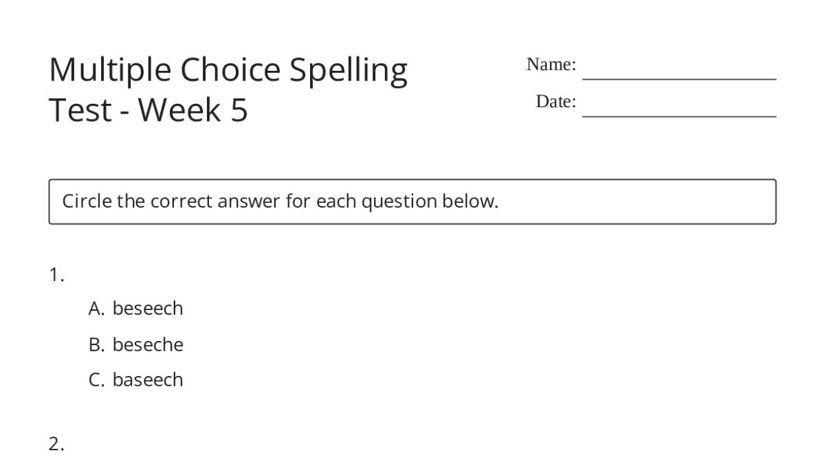 Multiple Choice Spelling Test - Week 5 - My Worksheet Maker: Create ...