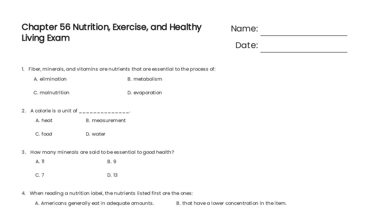 Chapter 56 Nutrition, Exercise, and Healthy Living Exam - My Worksheet ...