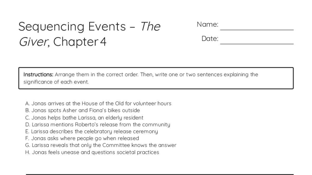 Sequencing Events – The Giver, Chapter 4 - My Worksheet Maker: Create ...