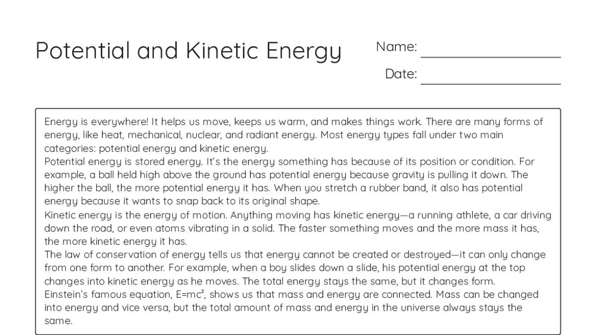 Potential and Kinetic Energy - My Worksheet Maker: Create Your Own ...