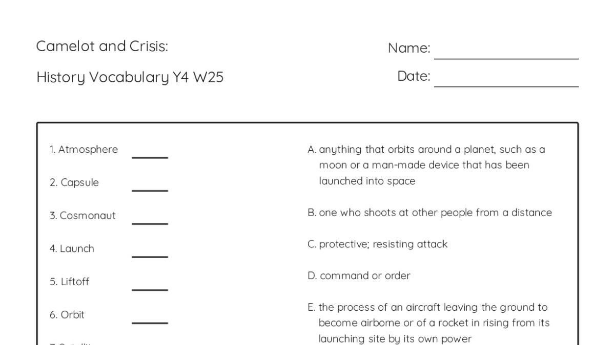Camelot and Crisis: History Vocabulary Y4 W25 - My Worksheet Maker ...