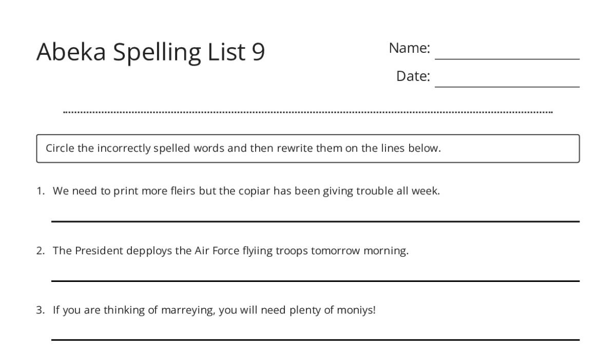 Abeka Spelling List 9 - My Worksheet Maker: Create Your Own Worksheets