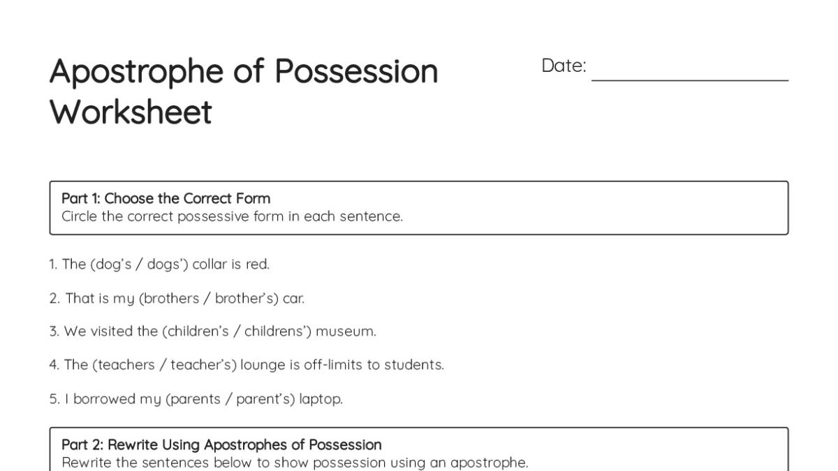 Apostrophe of Possession Worksheet - My Worksheet Maker: Create Your ...