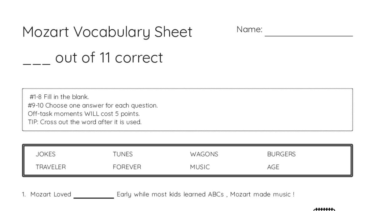 Mozart Vocabulary Sheet ___ out of 11 correct - My Worksheet Maker ...