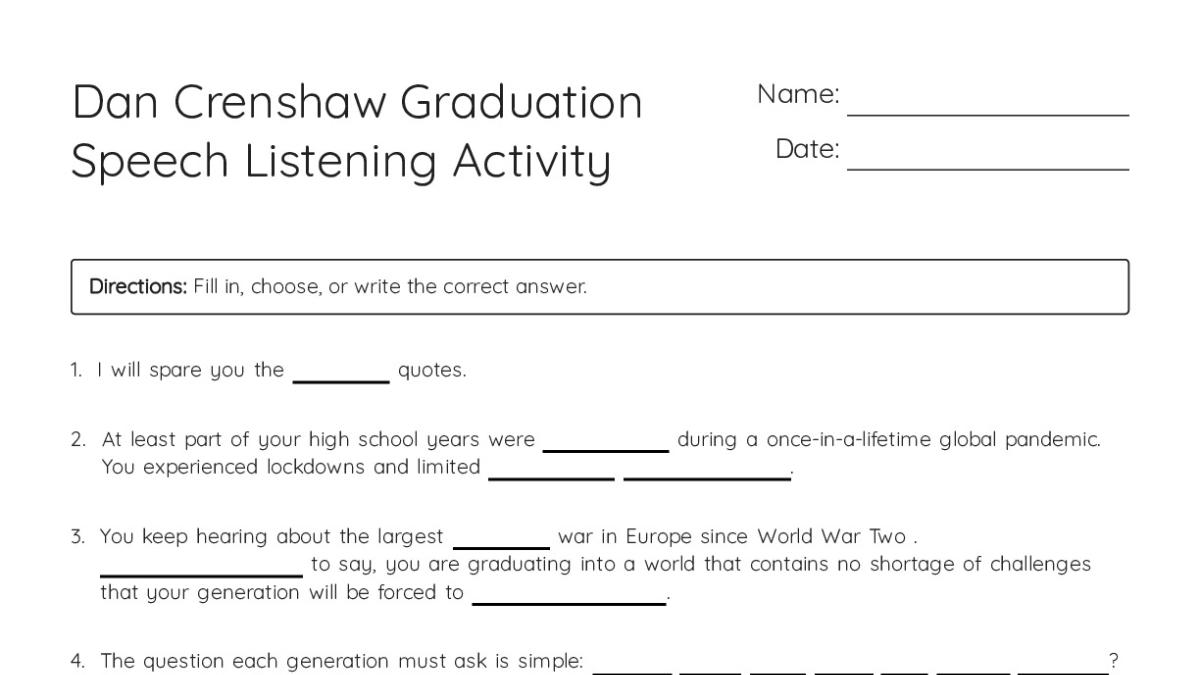Dan Crenshaw Graduation Speech Listening Activity - My Worksheet Maker ...