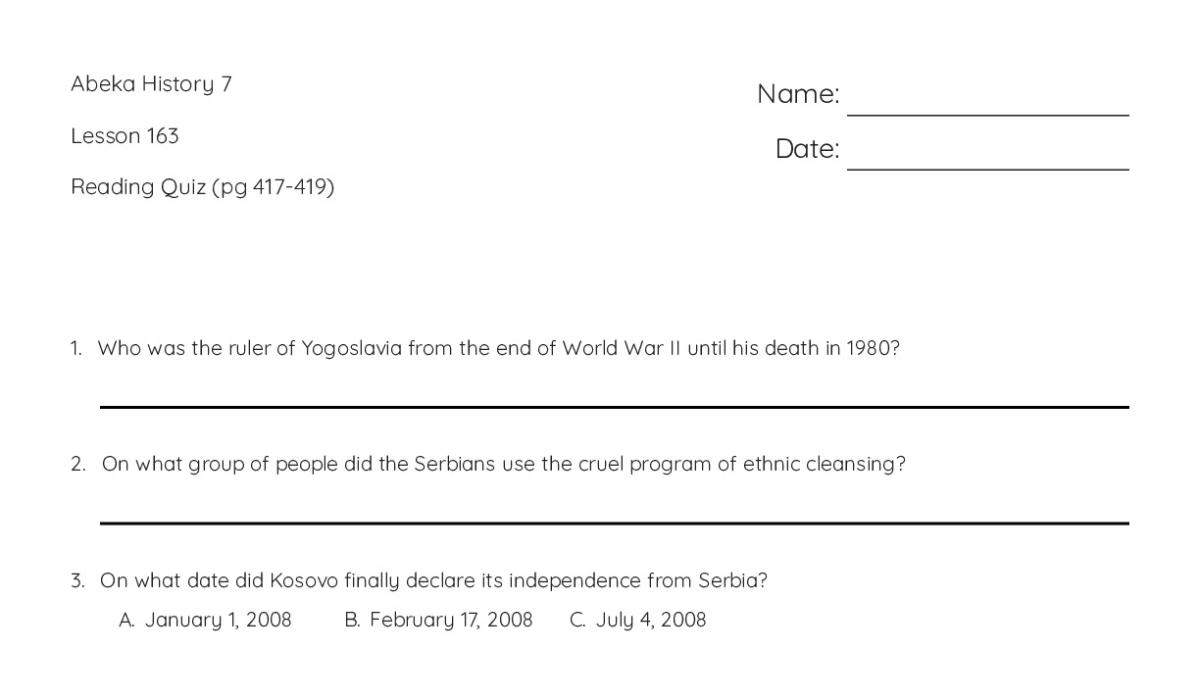 Abeka History 7 Lesson 163 Reading Quiz (pg 417-419) - My Worksheet ...