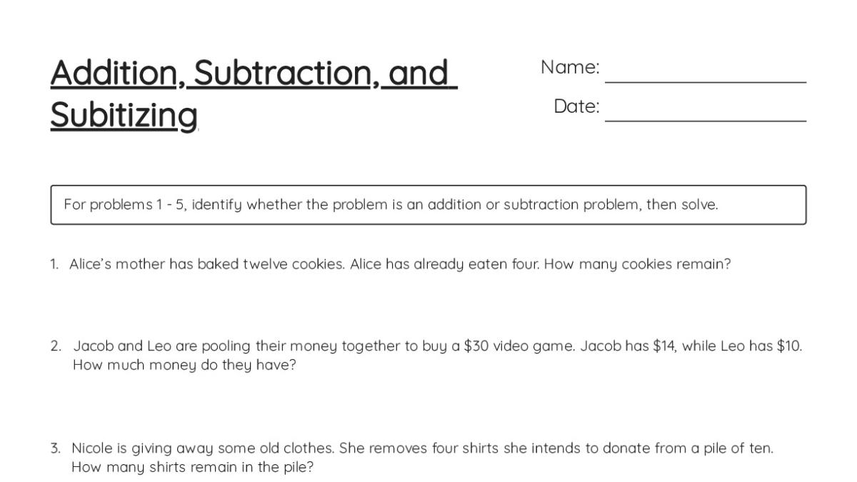 Addition, Subtraction, and Subitizing - My Worksheet Maker: Create Your ...