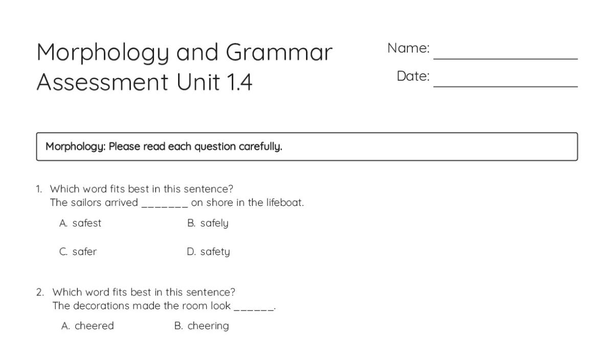 Morphology and Grammar Assessment Unit 1.4 - My Worksheet Maker: Create ...