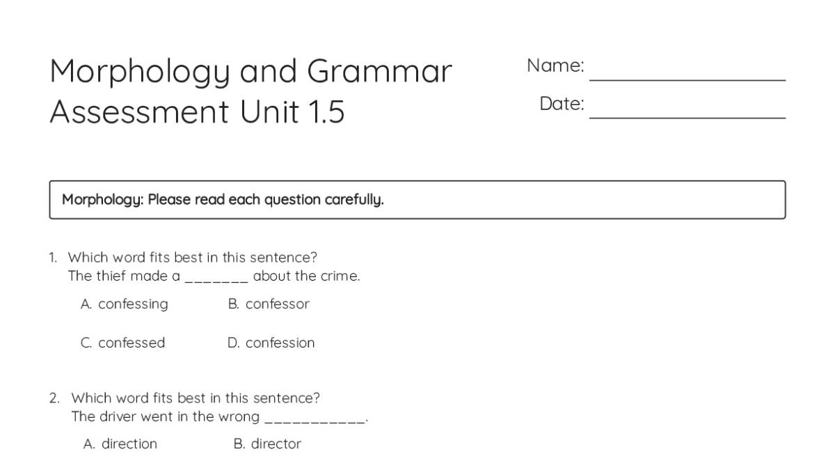 Morphology and Grammar Assessment Unit 1.5 - My Worksheet Maker: Create ...