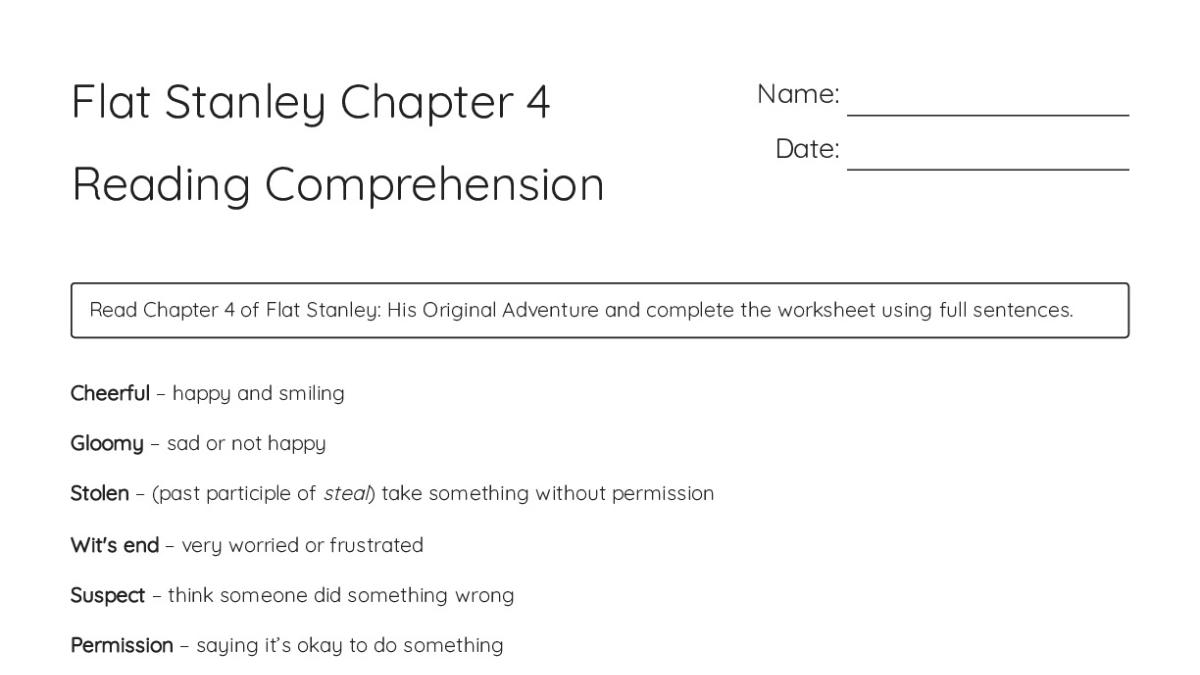 Flat Stanley Chapter 4 Reading Comprehension - My Worksheet Maker ...