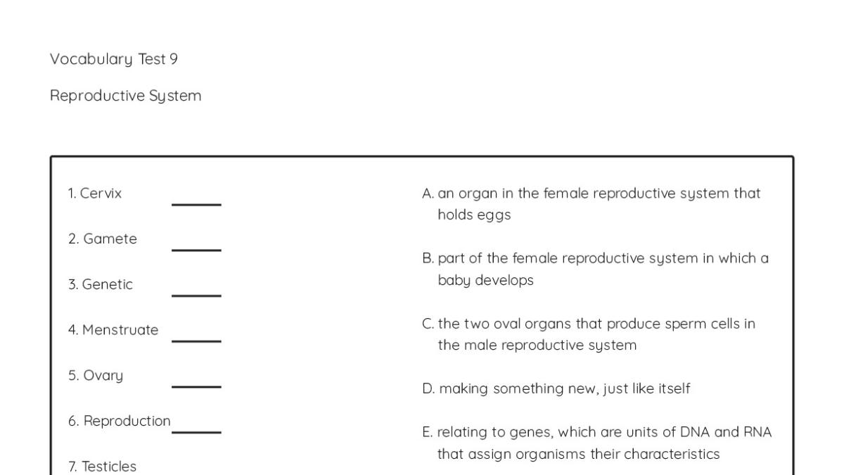 Vocabulary Test 9 Reproductive System - My Worksheet Maker: Create Your ...