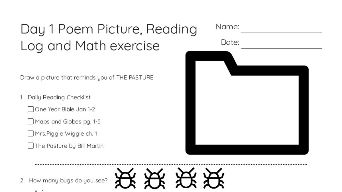 Day 1 Poem Picture, Reading Log and Math exercise - My Worksheet Maker ...
