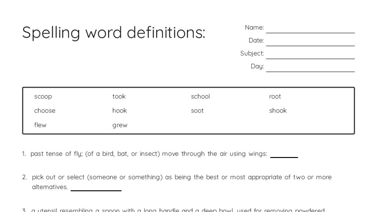 Spelling word definitions: - My Worksheet Maker: Create Your Own Worksheets