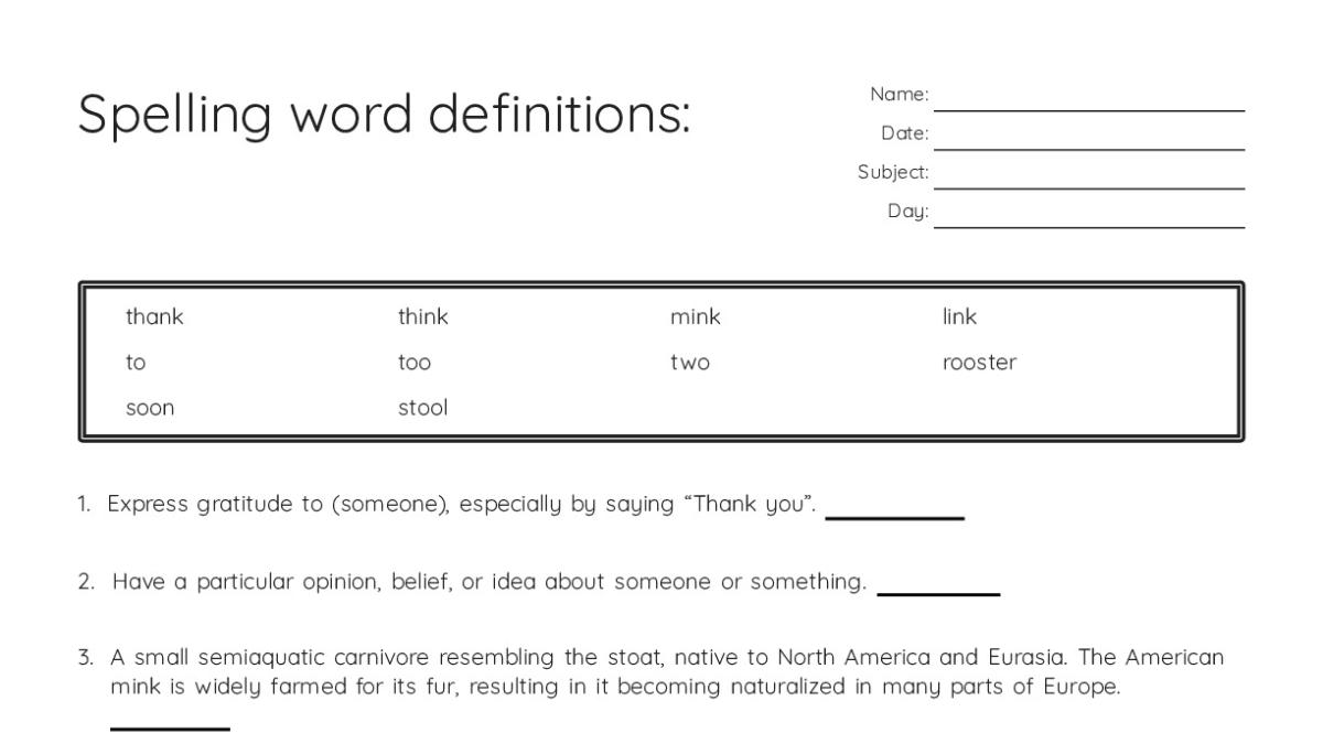 Spelling word definitions: - My Worksheet Maker: Create Your Own Worksheets