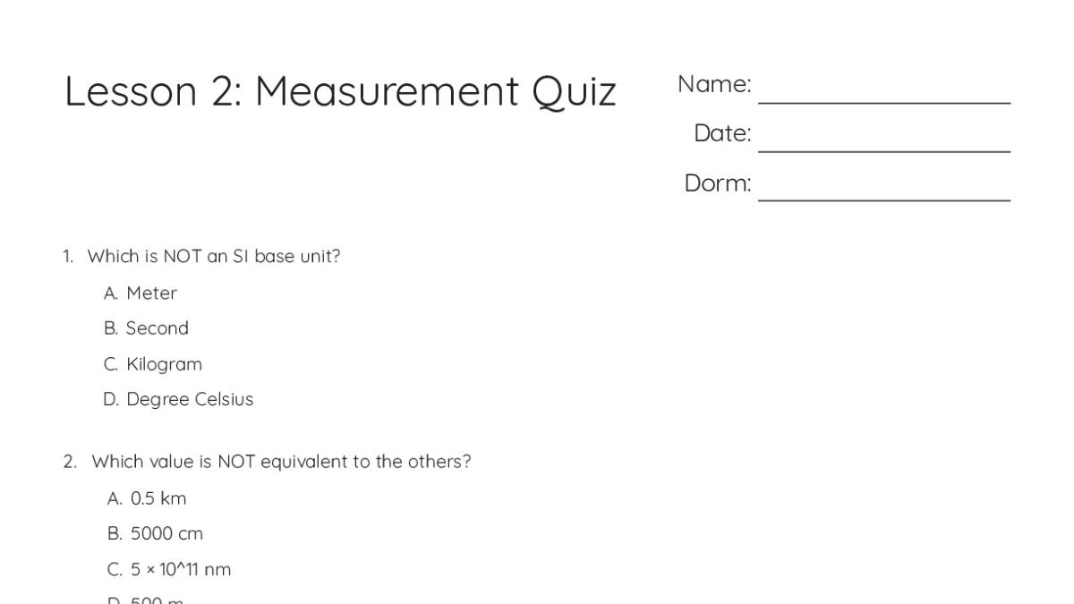 Lesson 2: Measurement Quiz - My Worksheet Maker: Create Your Own Worksheets