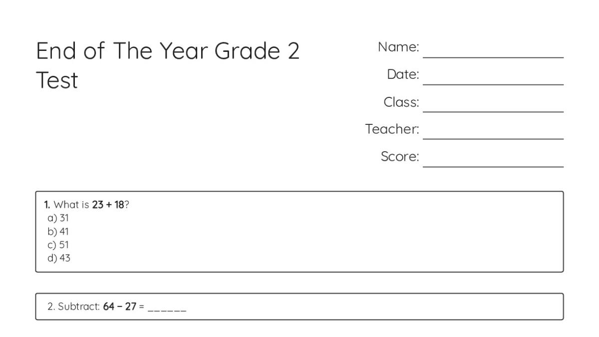 End of The Year Grade 2 Test - My Worksheet Maker: Create Your Own ...
