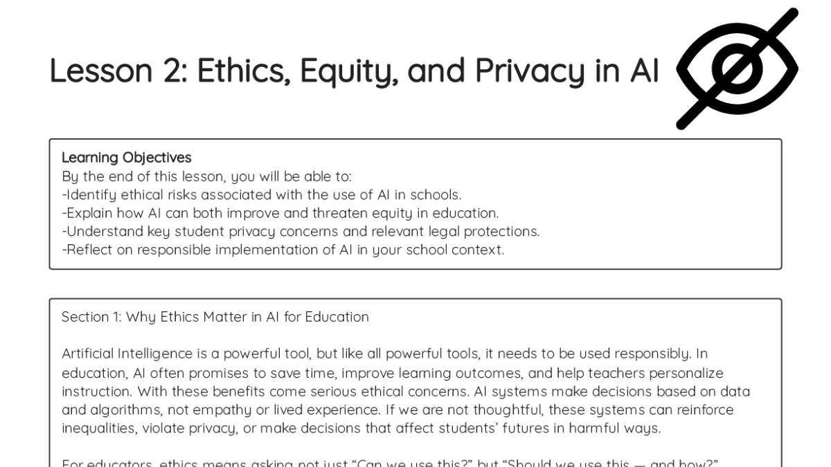 Lesson 2: Ethics, Equity, and Privacy in AI - My Worksheet Maker ...