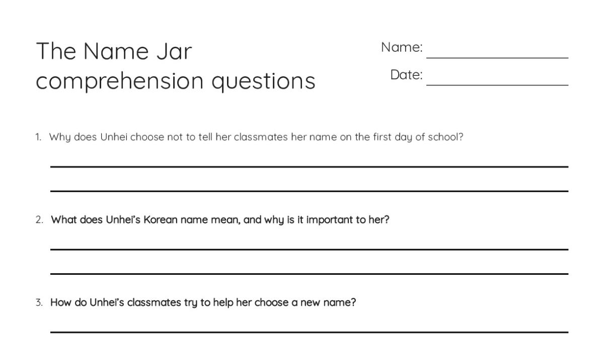 The Name Jar comprehension questions - My Worksheet Maker: Create Your ...