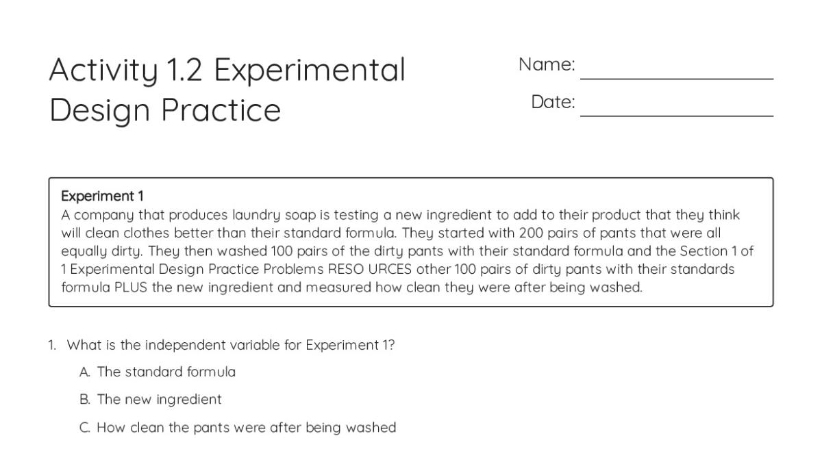 Activity 1.2 Experimental Design Practice - My Worksheet Maker: Create ...