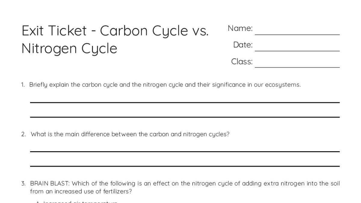 Exit Ticket - Carbon Cycle vs. Nitrogen Cycle - My Worksheet Maker ...