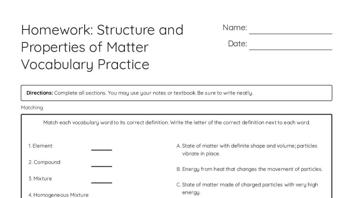 Homework: Structure and Properties of Matter Vocabulary Practice - My ...