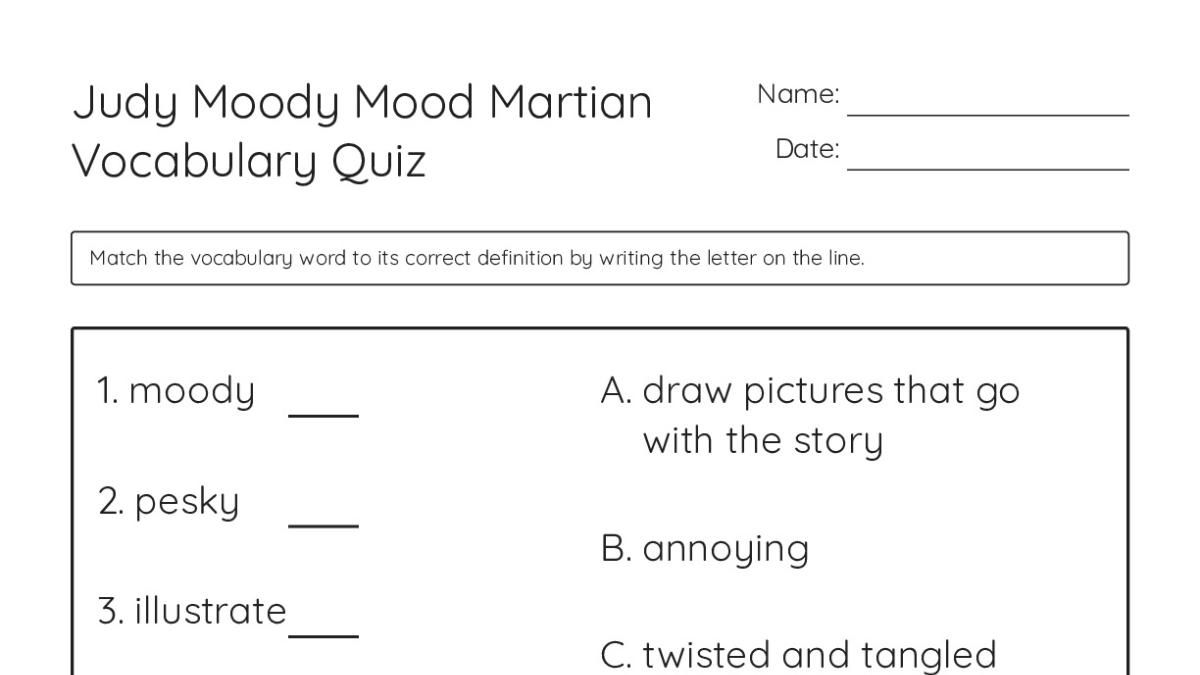 Judy Moody Mood Martian Vocabulary Quiz - My Worksheet Maker: Create ...