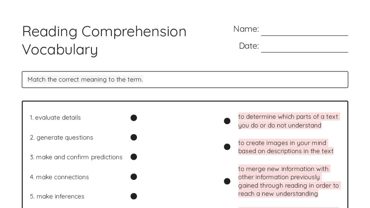 Reading Comprehension Vocabulary - My Worksheet Maker: Create Your Own ...
