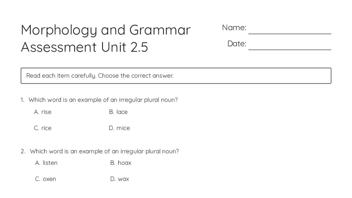 Morphology and Grammar Assessment Unit 2.5 - My Worksheet Maker: Create ...