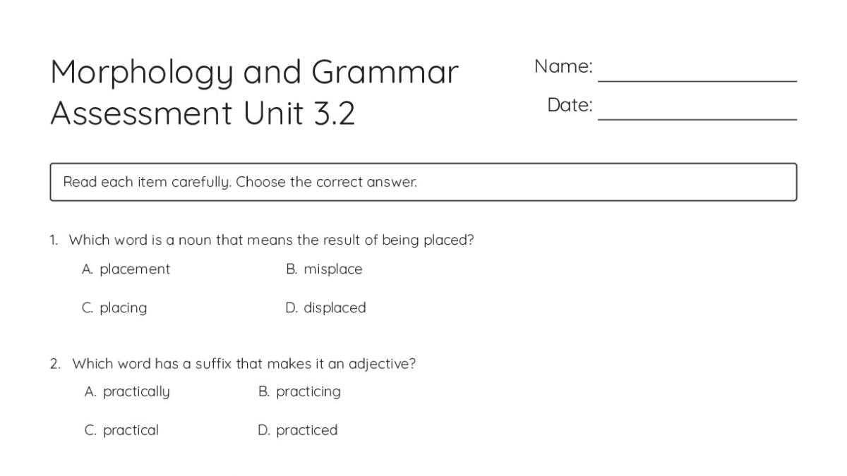 Morphology and Grammar Assessment Unit 3.2 - My Worksheet Maker: Create ...
