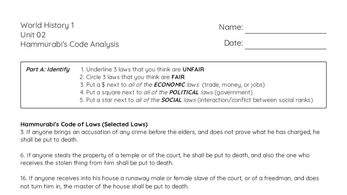 World History 1 Unit 02 Hammurabi's Code Analysis - My Worksheet Maker ...