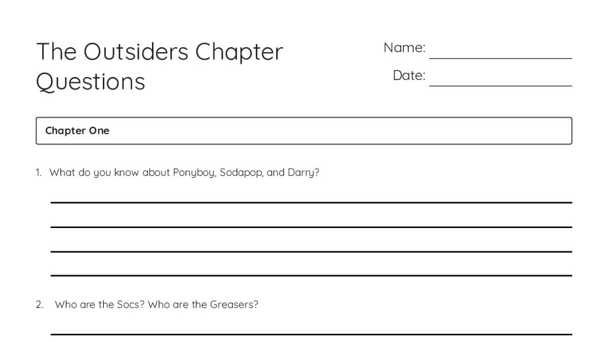 The Outsiders Chapter Questions - My Worksheet Maker: Create Your Own ...