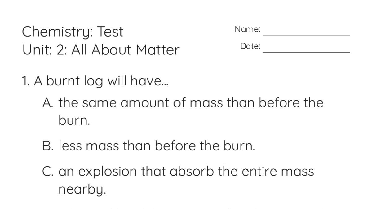 Chemistry: Test Unit: 2: All About Matter - My Worksheet Maker: Create ...