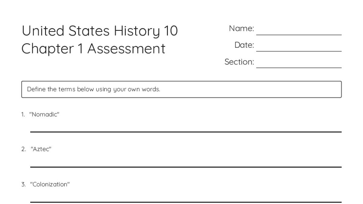 United States History 10 Chapter 1 Assessment - My Worksheet Maker ...