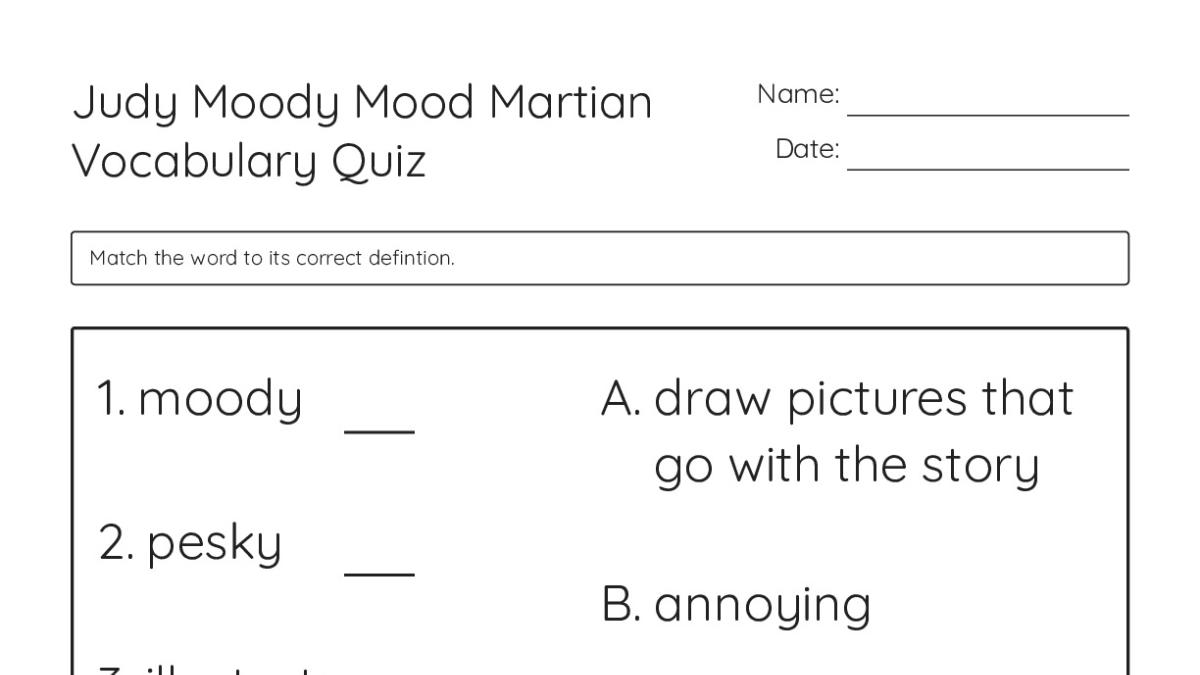 Judy Moody Mood Martian Vocabulary Quiz - My Worksheet Maker: Create ...