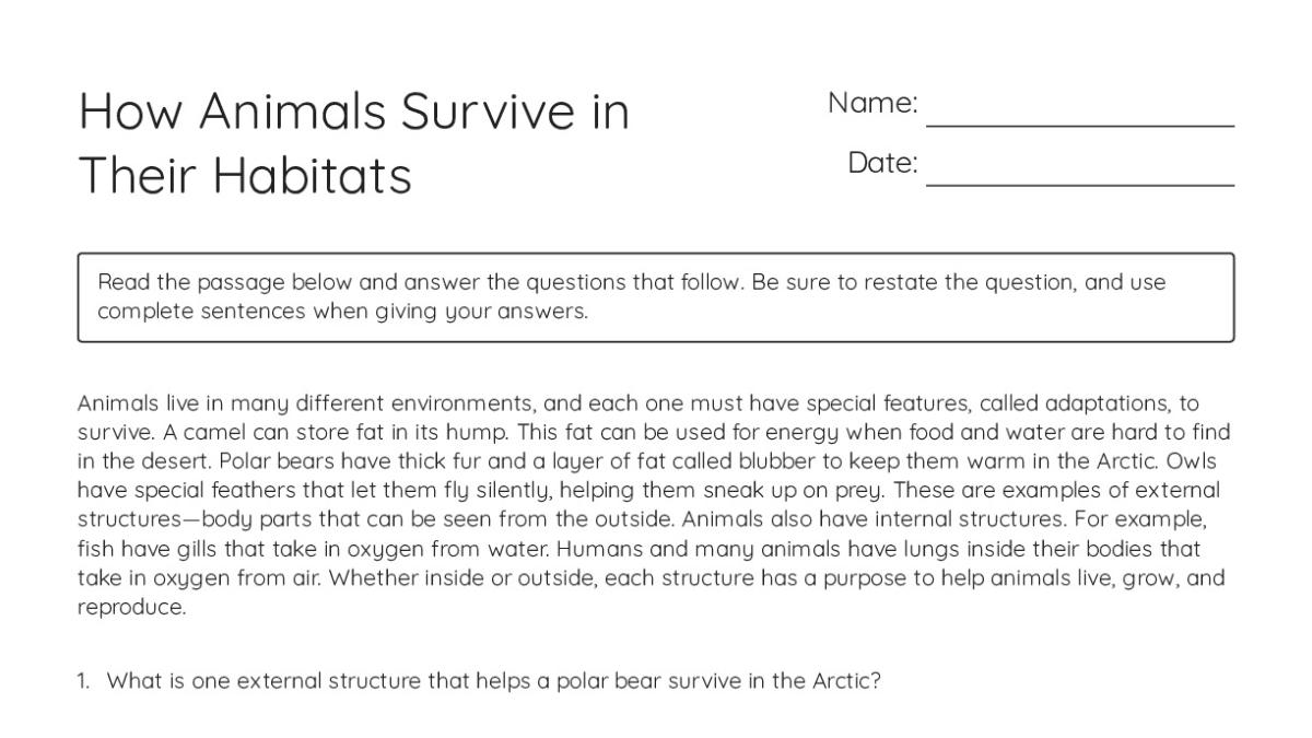 How Animals Survive in Their Habitats - My Worksheet Maker: Create Your ...