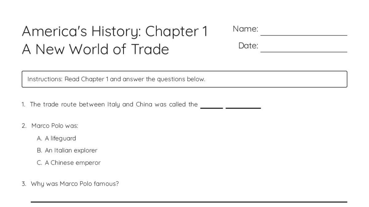 America's History: Chapter 1 A New World of Trade - My Worksheet Maker ...