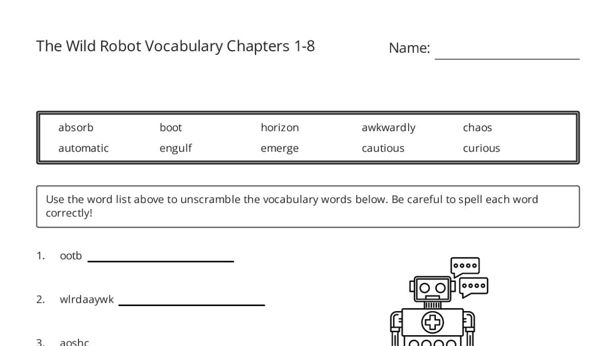 The Wild Robot Vocabulary Chapters 1-8 - My Worksheet Maker: Create ...