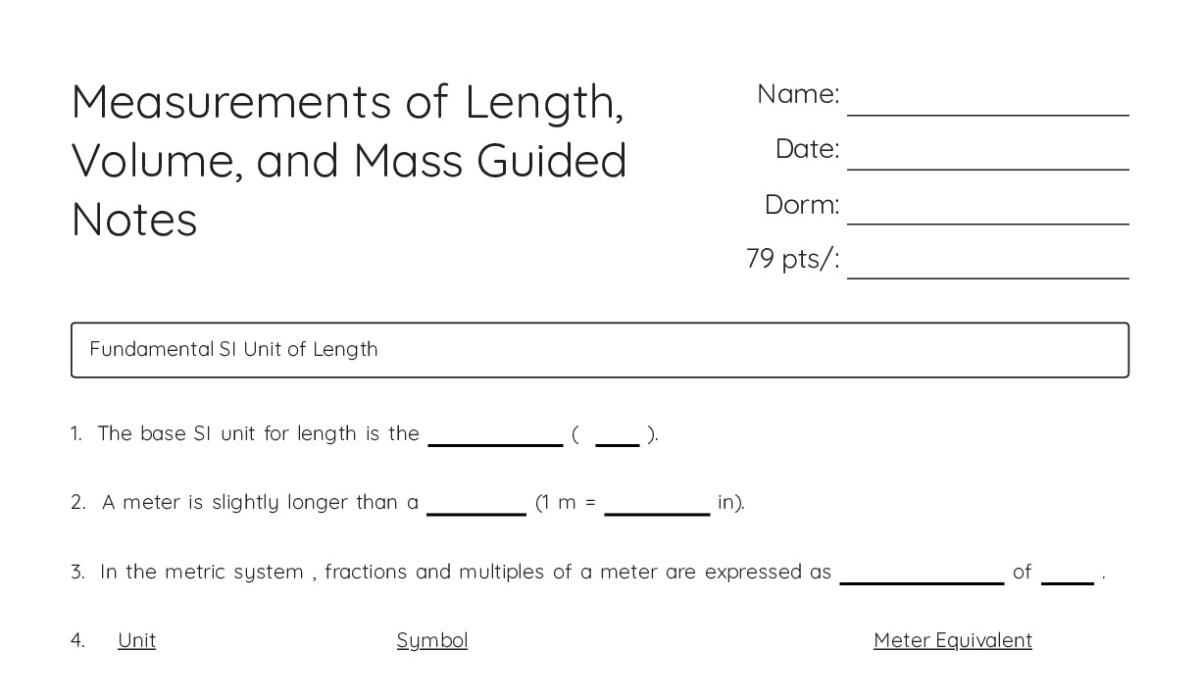 Measurements of Length, Volume, and Mass Guided Notes - My Worksheet ...