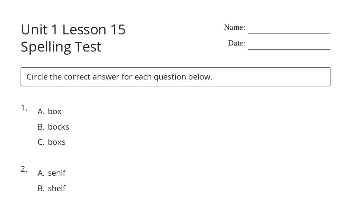 Unit 1 Lesson 15 Spelling Test - My Worksheet Maker: Create Your Own ...
