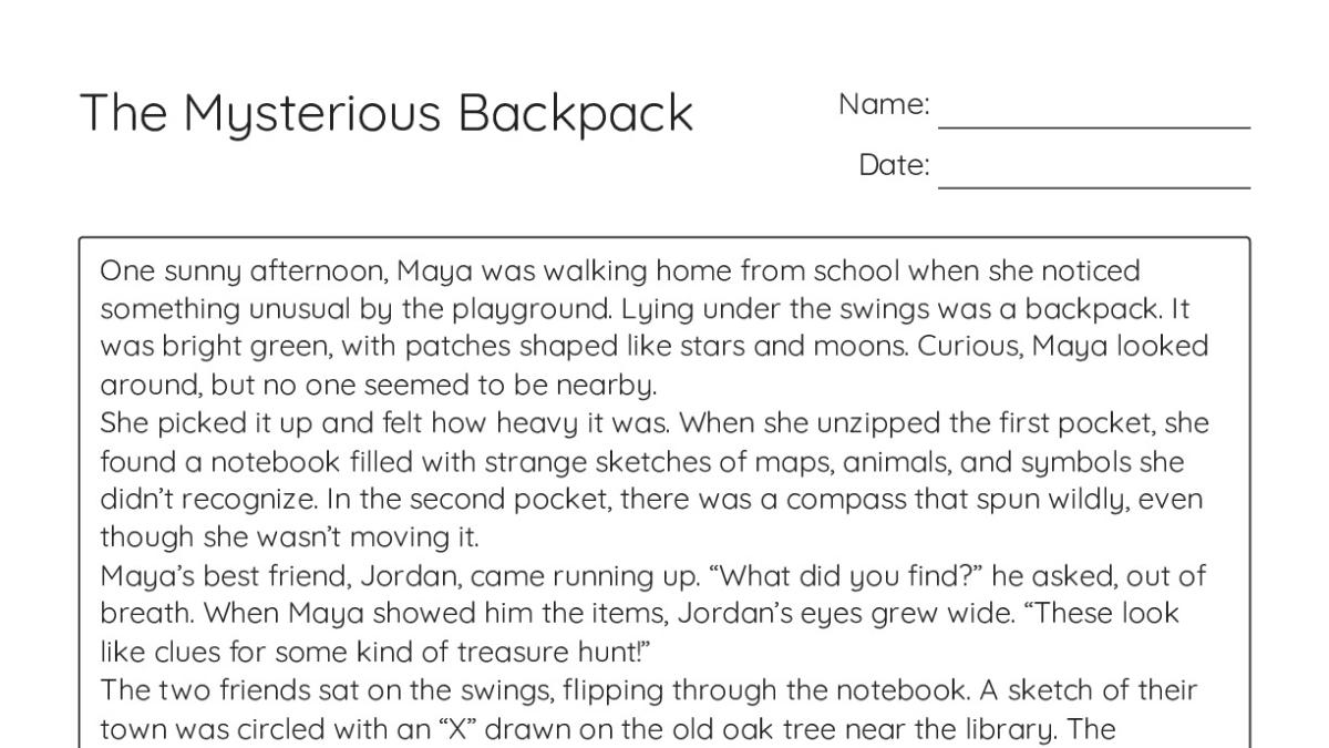 The Mysterious Backpack - My Worksheet Maker: Create Your Own Worksheets