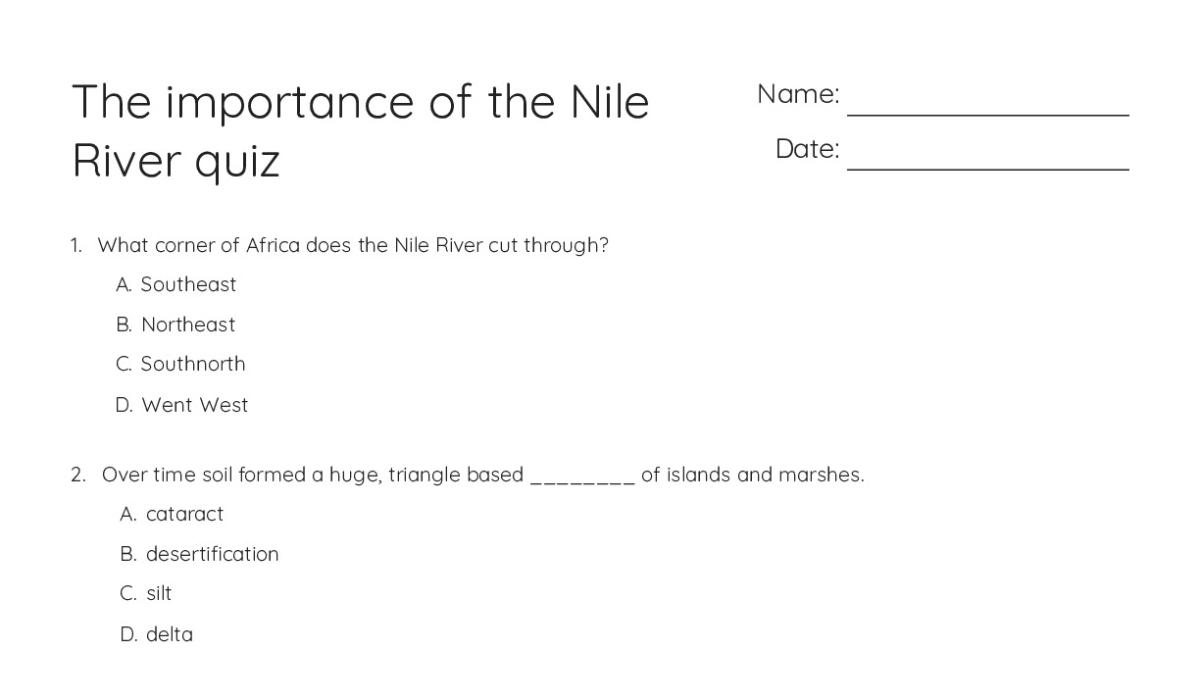 The importance of the Nile River quiz - My Worksheet Maker: Create Your ...