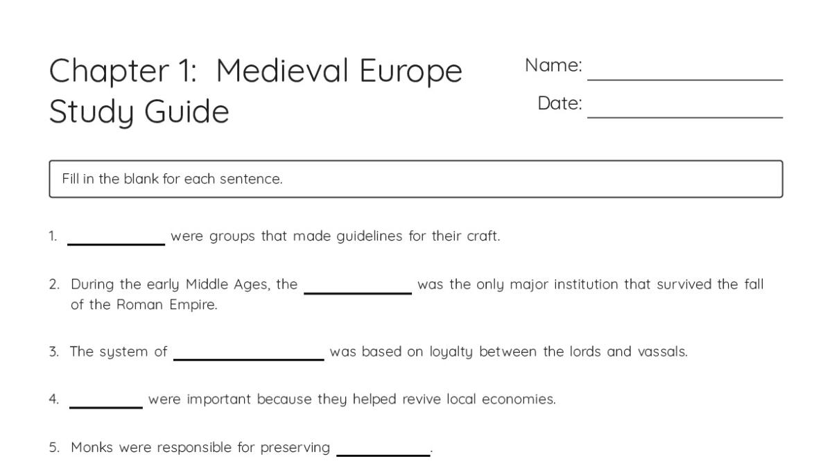 Chapter 1: Medieval Europe Study Guide - My Worksheet Maker: Create ...