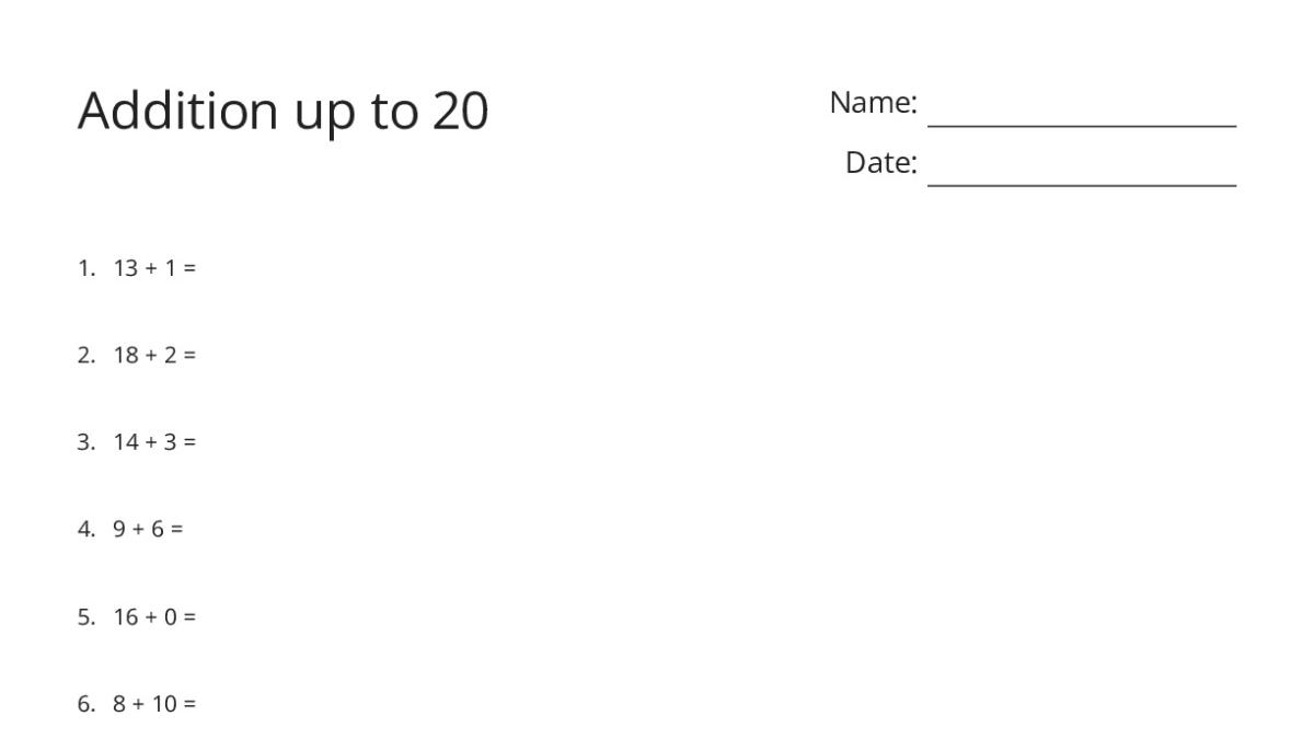 Addition up to 20 - My Worksheet Maker: Create Your Own Worksheets