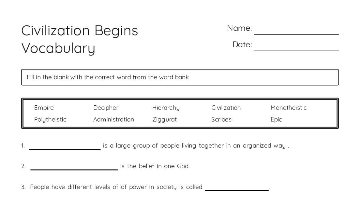 Civilization Begins Vocabulary - My Worksheet Maker: Create Your Own ...