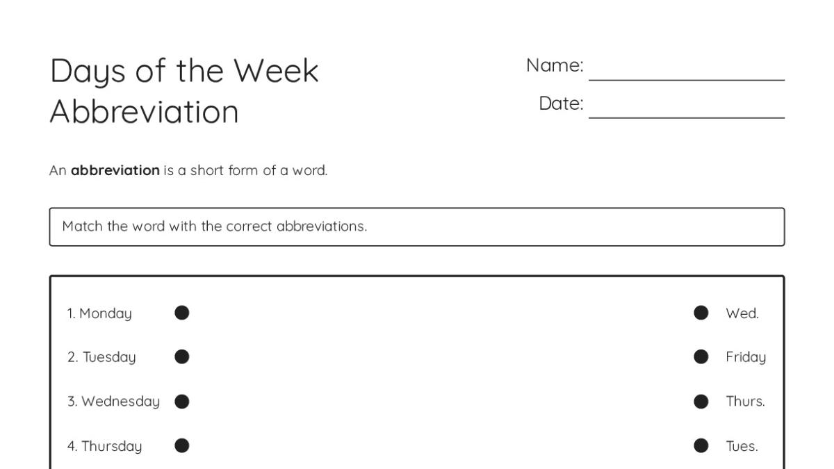 Days of the Week Abbreviation - My Worksheet Maker: Create Your Own ...