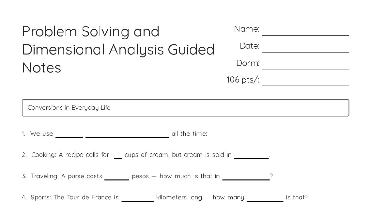 Problem Solving and Dimensional Analysis Guided Notes - My Worksheet ...