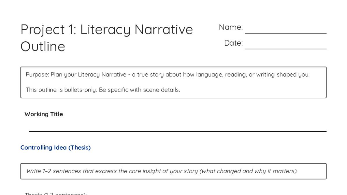 Project 1: Literacy Narrative Outline - My Worksheet Maker: Create Your ...