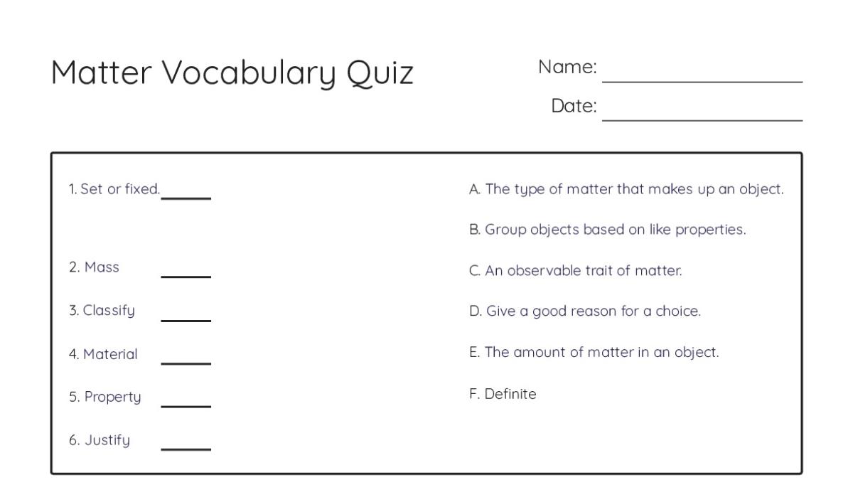Matter Vocabulary Quiz - My Worksheet Maker: Create Your Own Worksheets